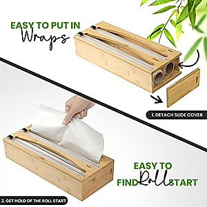 Utopia Kitchen 2 in 1 Plastic Wrap Dispenser with Cutter, Aluminum Foil and Plastic Wrap Organizer with Cutter, Bamboo Dispenser for Kitchen Organization and Storage - Fits 12 Inch Rolls - Natural