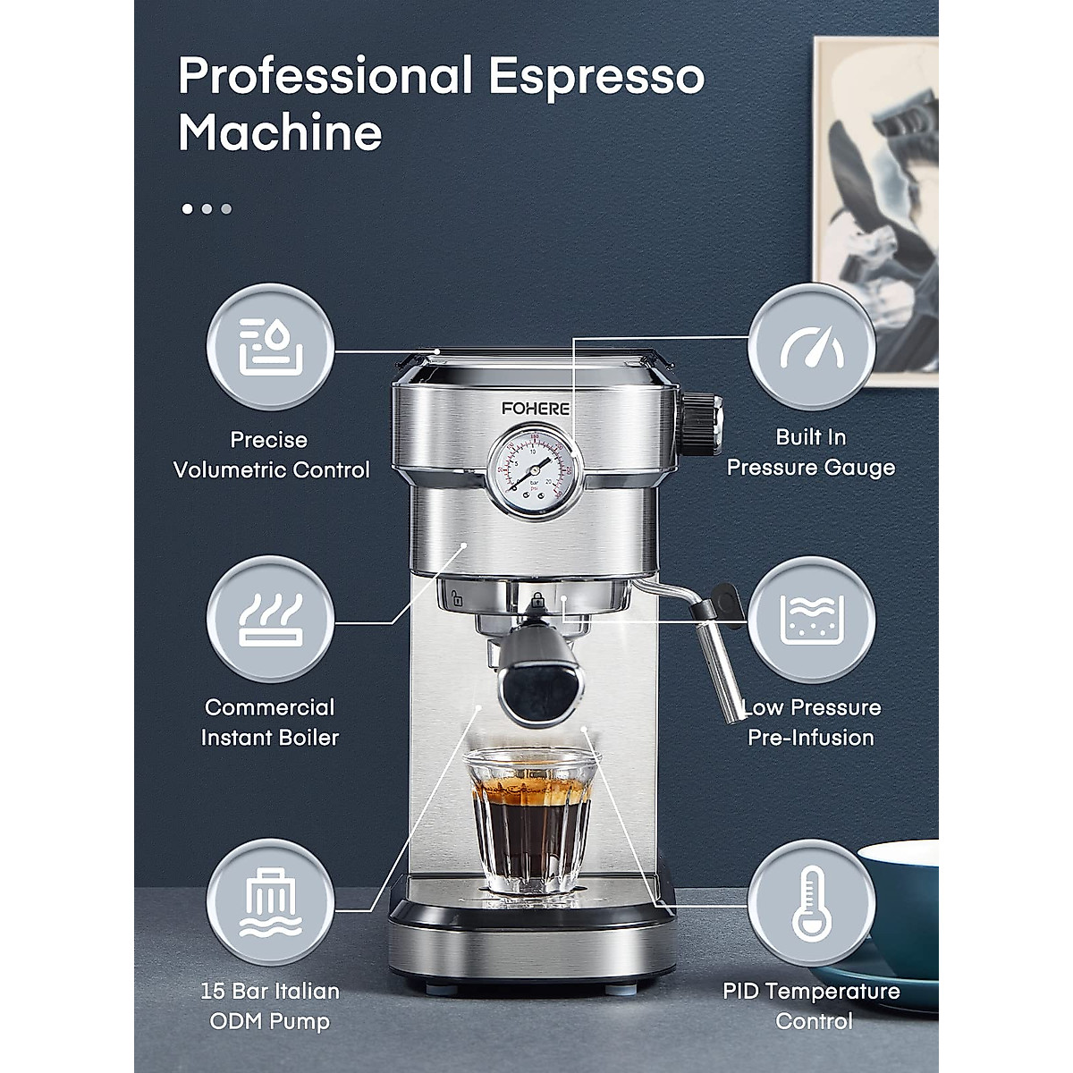 FOHERE Espresso Machine, 15 Bar Espresso and Cappuccino Maker with Milk Frother Steam Wand, Professional Espresso Coffee Machine for Espresso, Cappuccino, Latte and Mocha, Brushed Stainless Steel
