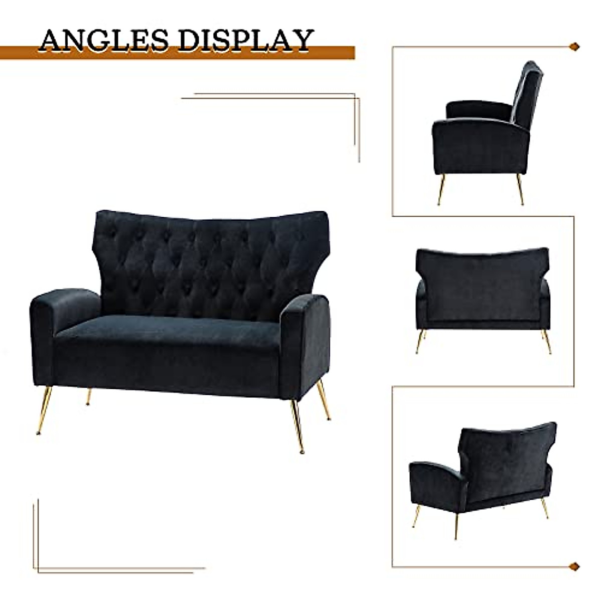 HULALA HOME Velvet Loveseat Sofa with Wingback & Gold Legs, Modern Button-Tufted 2-Seater Sofa for Living Room Bedroom, Comfy Upholstered Small Love Seat Couch, Black
