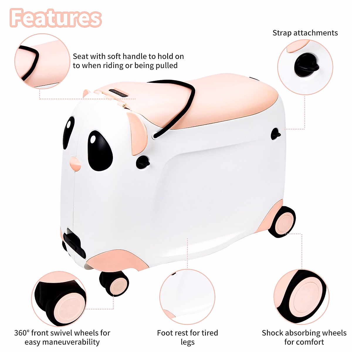 LemoHome Ride on Suitcase for Kids,21" Tow-Along Kids Luggage,Carry-On Cute Bag with Wheels,Airplane Toddler Suitcase,Hard Shell Travel Luggage For Girls Boys (Pink)