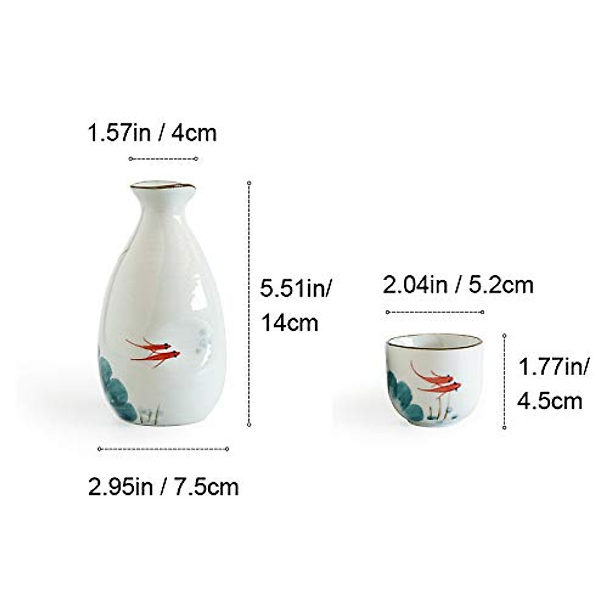 Caalio Japanese Sake Set - Porcelain Sake Tokkuri Bottle 8 fl oz and Four Sake Ochoko Cups 2 fl oz Sake Cups Soju Tea Set(Goldfish)