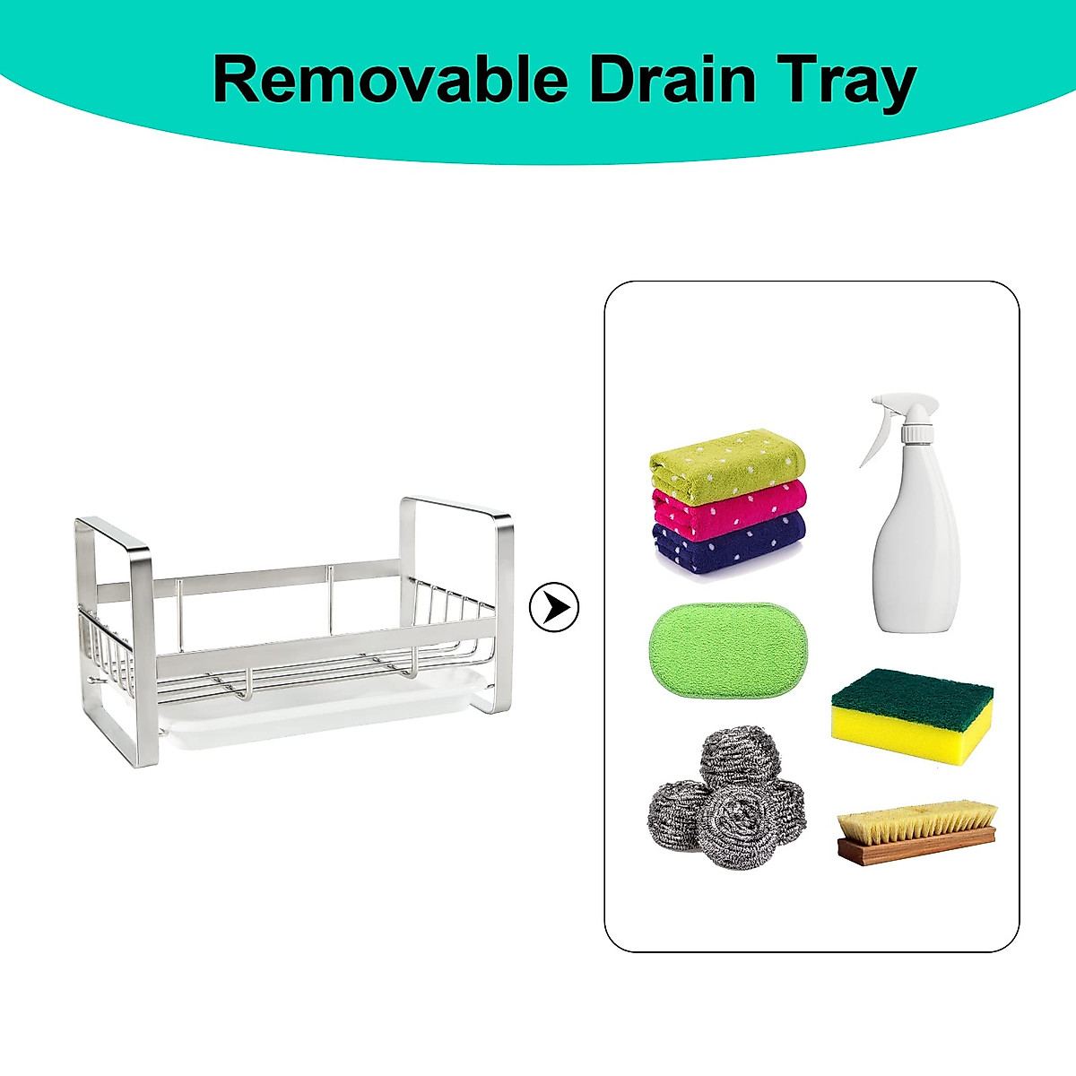 TEZZ Sponge Holder for Kitchen Sink- Stainless Steel Kitchen Storage Sink Caddy for Organizing Sponge, Brush & Dish Soap Dispenser, Kitchen Sink Organizer Rack with Adhesive or Counter top, Silver