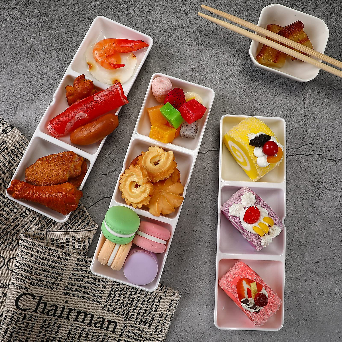 24 Pcs 8.7 x 2.8 Inch 3 Compartment Appetizer Serving Tray Plastic 3 Section Dessert Platters Rectangular Divided Plate White Compartment Serving Dishes Dipping Sauces Dinner Buffet Restaurant Kitchen