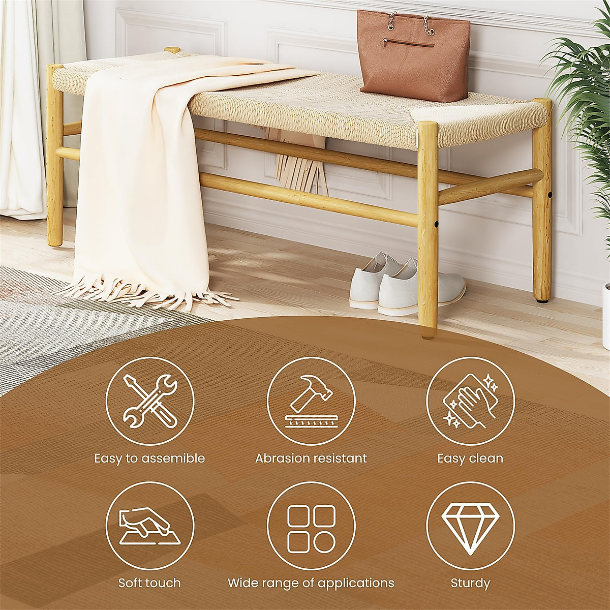 Recaceik Indoor Entryway Bench with Paper Cord Ottoman, Mid-Century Long Bench with Rubber Wood Legs, French Vanity End Bed Bench for Bedroom Living Room Channel