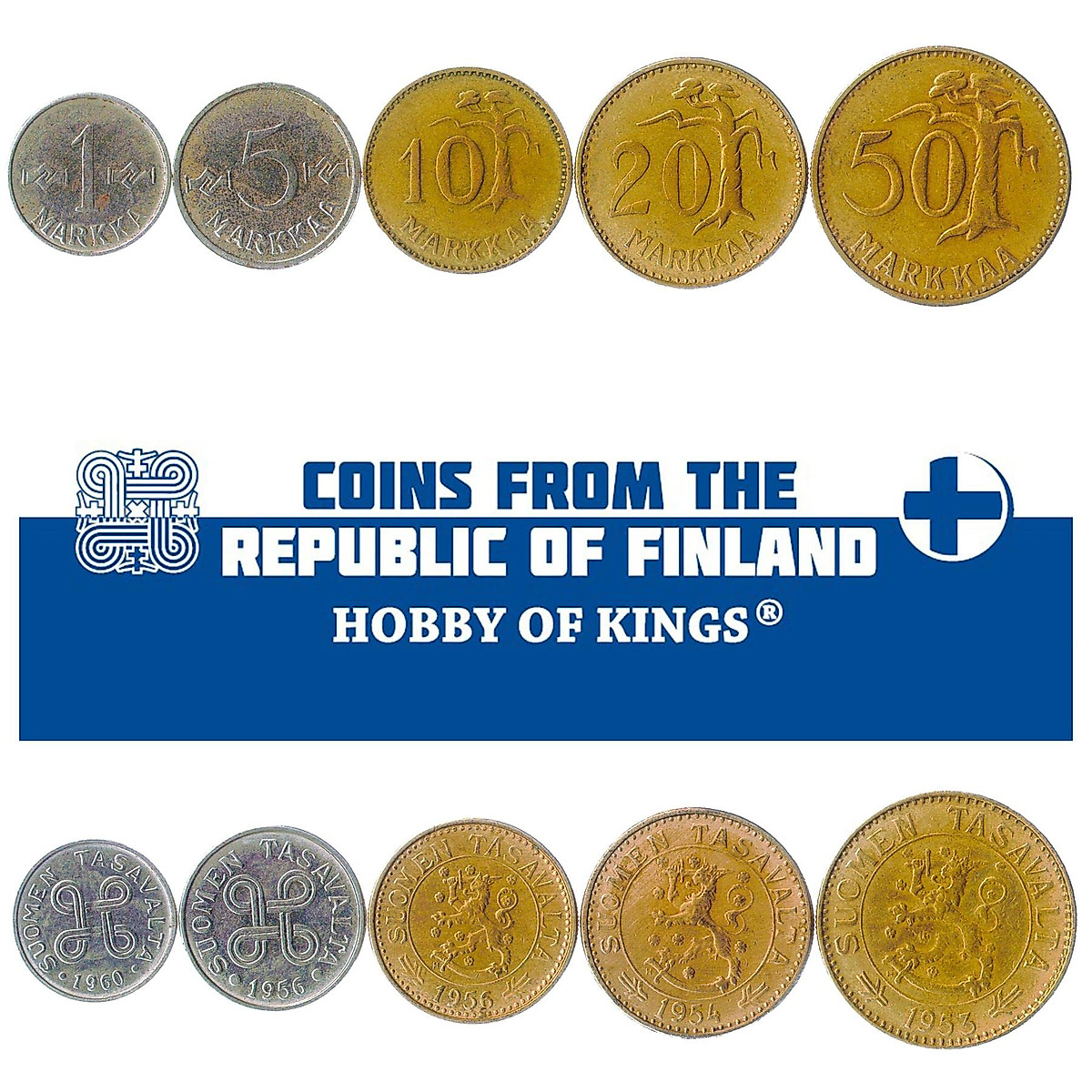 6 Coins from Finland | Finnish Coin Set Collection 1 5 10 20 50 Pennia 1 Markka | Circulated 1963-1969 | Tree | Saint Hannes Cross