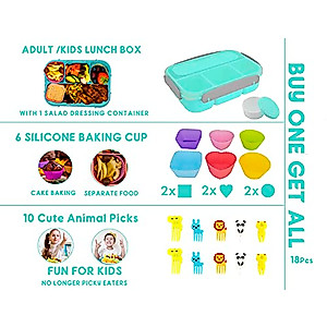 HappyRhino Bento Lunch Box for Kids Adult,4 Compartment Lunch Box Containers,With Accessories Silicone Food Cake Cups, Cute Food Picks for Kids,Easy to Clean (GREEN)