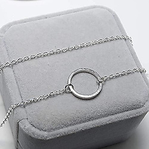 Yheakne Vertical Bar Circle Necklace Silver Circle Pendant Necklace Boho Long Necklaces Chain Minimalist Geometric Ring Necklace Jewelry for Women and Girls