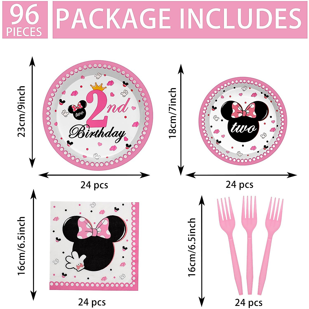 Mouse Birthday Party Supplies-96pcs Twodles Birthday Decorations girl Mouse Party Favors Pink Mouse Plates and Napkins Forks for Minnie Mouse Themed 2nd Birthday Party Decoration supplies