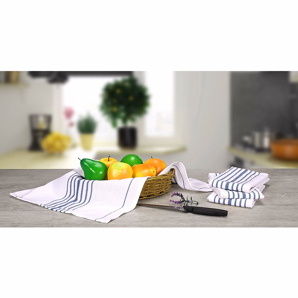 Native Fab 12 Pack Scandia Stripe Kitchen Dish Towels Cotton Absorbent Durable Washable 14x25 - Tea Towels, Dish Cloths, Restaurant Cleaning Towels, Kitchen Towels with Hanging Loop, Blue White