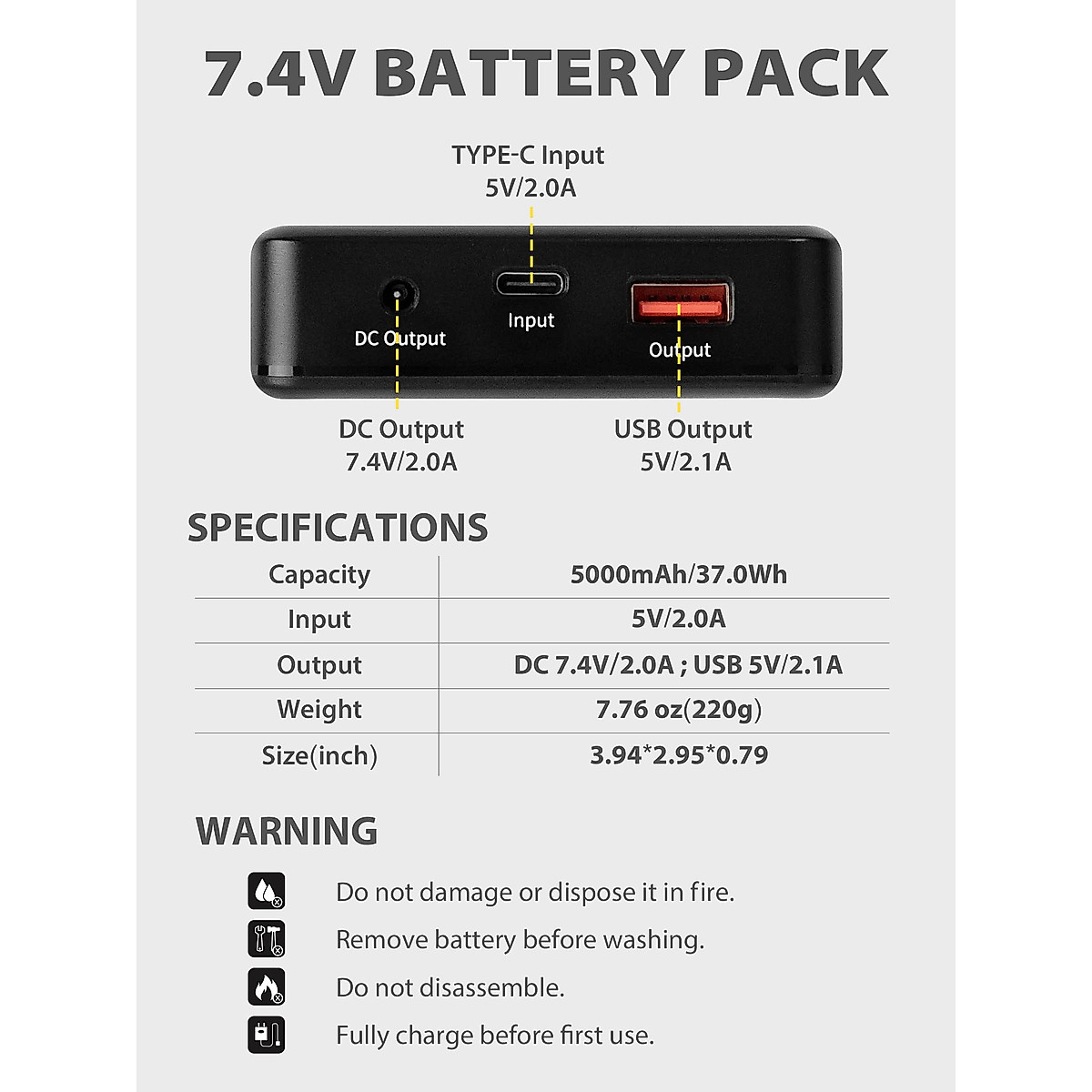 PTAHDUS 7.4 V Battery Pack with Charger Rechargeable Battery Power Bank 5000mAh for Heated Jackets, Heated Hoodies and Heated Vests