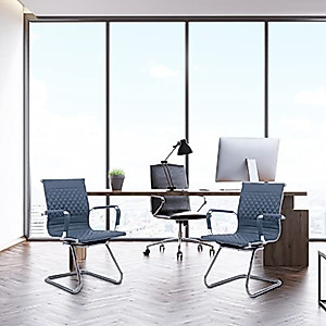 RIVOVA Office Guest Chairs Set of 8, Reception Chairs Conference Room Chairs with Arms & Sled Base, Modern Mid Back PU Leather Computer Chairs Desk Chairs no Wheels, Navy