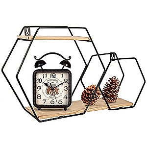 Fasyou Hexagon Floating Shelves Cute Black Honeycomb Shelves Wall Mounted Shelves with Metal Bracket Rustic Solid Wood Wall Shelves for Living Room,Bedroom,Black