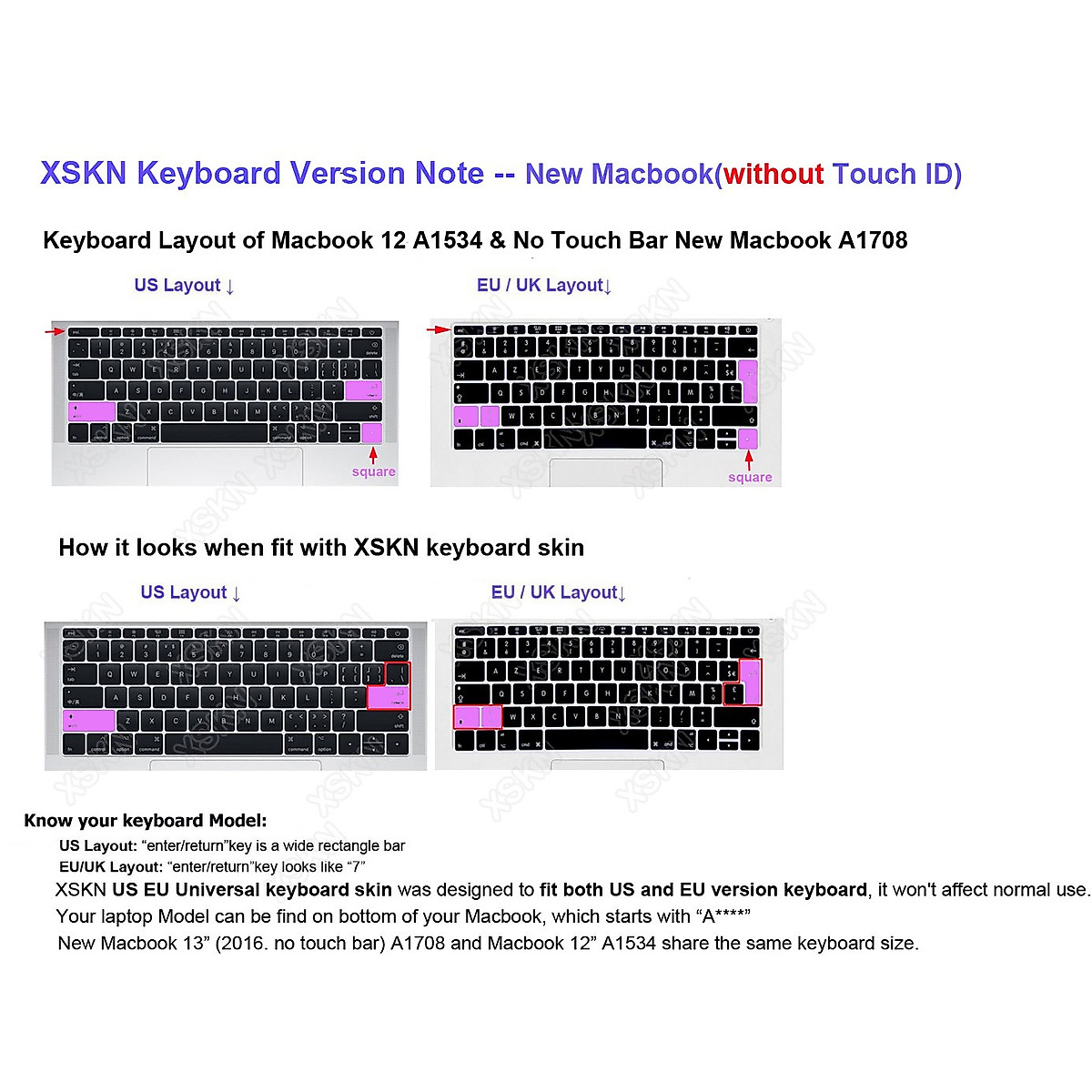 XSKN 2016 Shortcut Design Series Keyboard Skin Cover for New MacBook 12" (2015 Model A1534) and New MacBook Pro 13" (2016 Newest Version Model A1708, No Touch Bar), US&EU Version (Ableton)