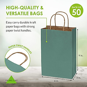 Prime Line Packaging 6x3x9 50 Pack Green Small Gift Bags with Handles, Kraft Colored Paper Bags, Recycled Bags, Items for Wedding Welcome Bags, Bulk