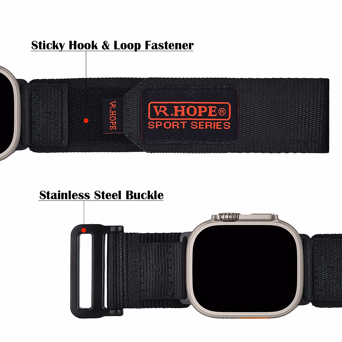 V.R.HOPE Ultra Wide Watch Band Compatible with Apple Watch 49mm 45mm 44mm 42mm for Men, Nylon Sport Adjustable Strap Military Tactical Style for iWatch Ultra Series 8 7 6 5 4 3 2 1 SE (Black)