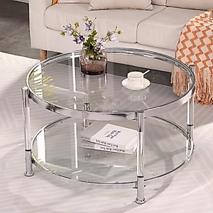 Round Coffee Table with Silver Metal Base, 2-Tier Acrylic Clear Glass Coffee Table with Storage Shelf, Center Table Modern Coffee Table Tea Table Cocktail Table Living Room Table, Circle Coffee Table