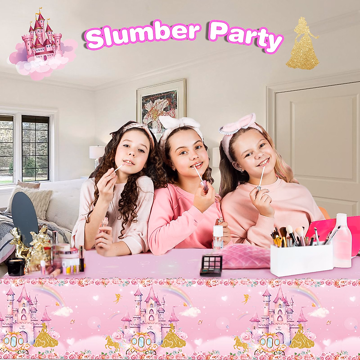 DYLZB 3PCS Pink Princess Party Tablecloths, Princess Castle Theme Party Table Cover for Girl Birthday Party Decorations, Baby Shower Supplies, 54 x 108inch