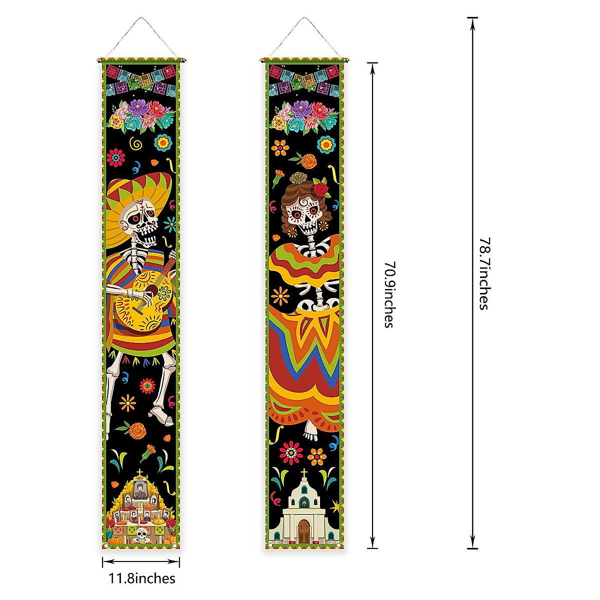 Allenjoy Mexican Day of the Dead Porch Signs Hanging Wall Door Banner Skeleton Guitar Decorations Polyester Wrinkle Free Outdoor 11.8x70.9 Inch Home Decor Events Front Yard Party Supplies 2PCS