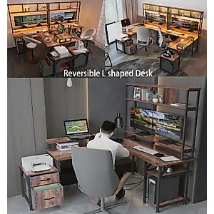 SZXKT L Shaped Desk with Drawers,Corner Desk with Storage,Gaming Desk with Power Outlet,L Desks for Home Office with Monitor Stand and LED Lights, Desk with Shelves and Bookshelf,Rustic Brown