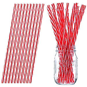 Christmas Reusable Plastic Straws Long Red Striped Straws Xmas Drinking Straws with Rings for Christmas Wedding Party Supplies(48 Pieces,9 Inch)