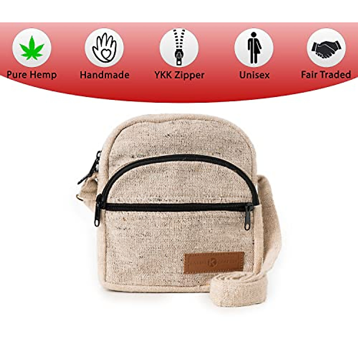 Crossbody Bag Purse Made From Pure Hemp - Unisex Hippie boho Tote Handmade shoulder bag for Travel, purse for men and women (Natural Khaki)