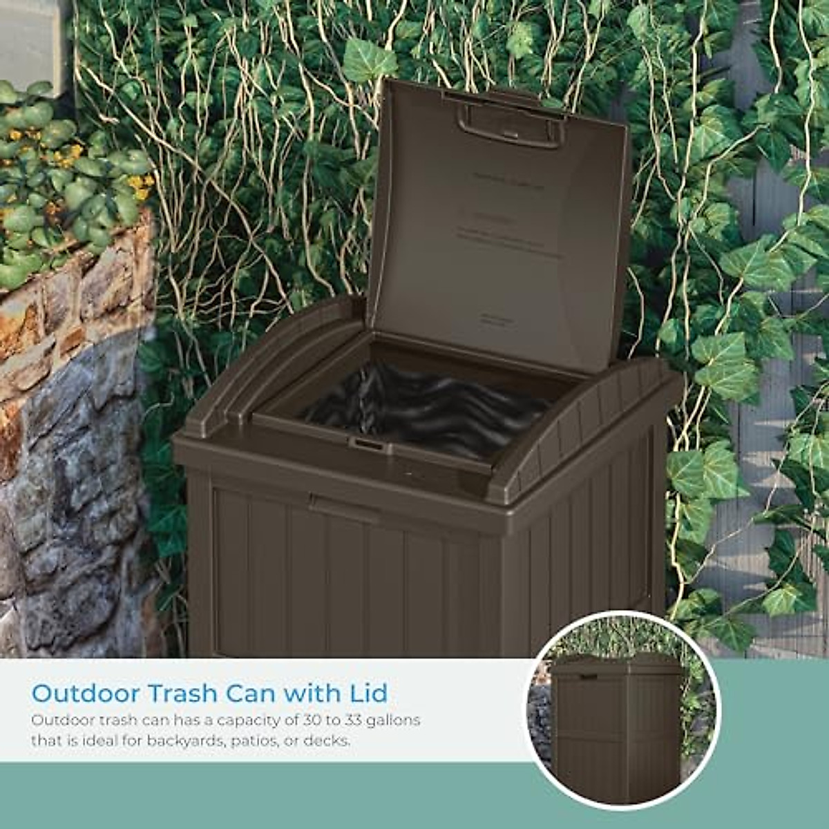 Suncast 33 Gallon Durable Plastic Hideaway Outdoor Garbage Can with Secure Lid and Wicker Design for Home Backyards, Decks, or Patios, Java Brown