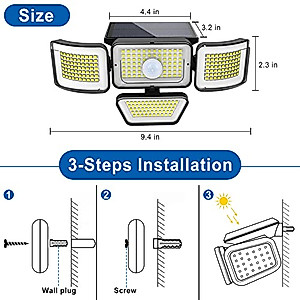 Solar Flood Lights Outdoor, 3000LM Motion Activated Security Lights, 4 Adjustable Head 300° Wide Lighting Angle with 3 Lighting Modes, IP65 Waterproof 278 LED Wall Lamp for Porch Yard Garage, 2 Packs