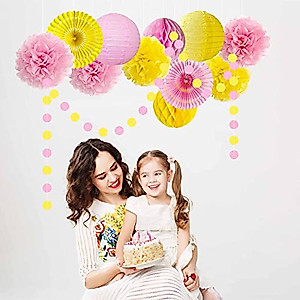 ANSOMO Pink and Yellow Party Decorations Lemon Birthday Bridal Baby Shower Lemonade Sunshine Wedding Wall Hanging Décor Tissue Pom Poms Paper Fans Lanterns