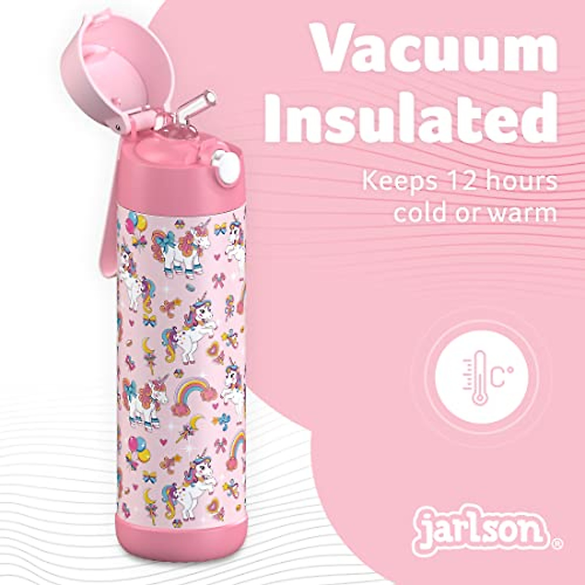 JARLSON kids water bottle with straw - CHARLI - insulated stainless steel water bottle - thermos - girls/boys (Unicorn 'Mosaic', 18 oz)