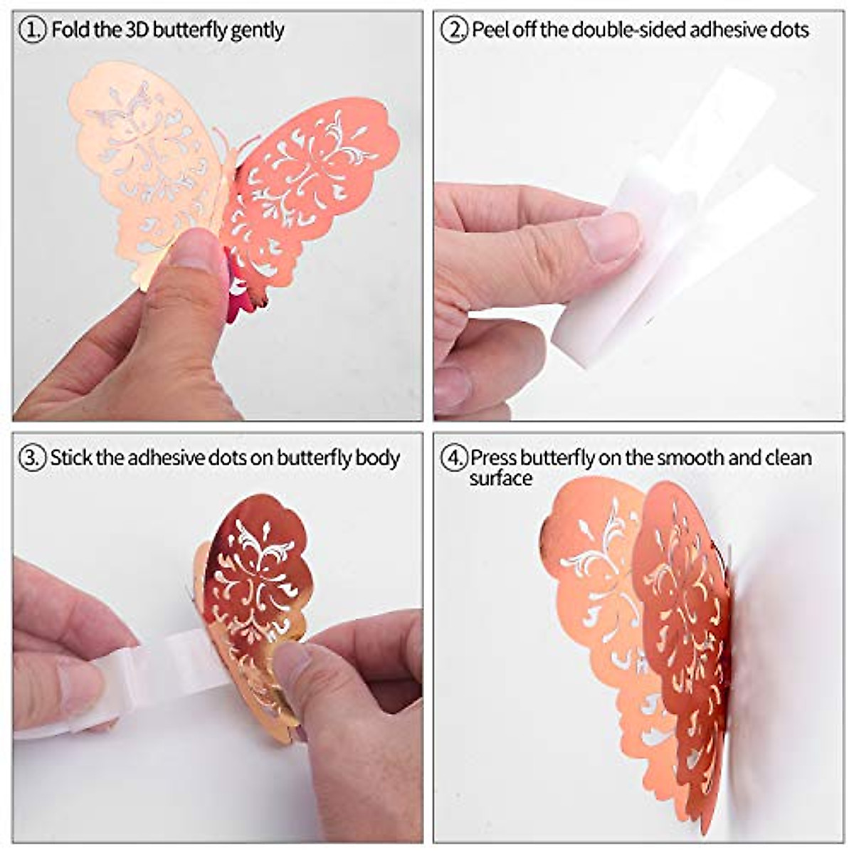 Senkary 72 Pieces (3 Sizes 3 Styles) Rose Gold 3D Butterfly Wall Stickers Wall Decorations Removable Metallic Paper Decals for Home Kids Bedroom Nursery Decor