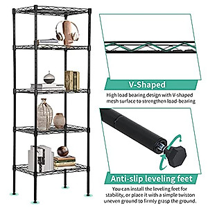 XXkseh 5 Tier Storage Shelves Wire Shelving Unit Adjustable Metal Shelf Heavy Duty Garage Storage Rack Wire Shelves Display Rack for Laundry Livingroom Kitchen, 16.7" L×11.8" W×47.6" H, Black