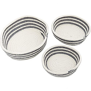 Woven Baskets for Storage, Grey Striped Round Basket (3 Sizes, 3 Pack)