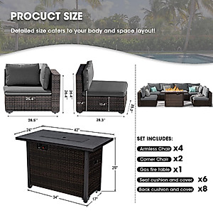 Grezone Patio Furniture Sets 7 Pieces with Fire Pit Table Patio Sectional Outdoor Furniture Sofa Chairs Set PE Rattan Wicker Couch Conversation Set with No-Slip Cushions Waterproof Covers Grey