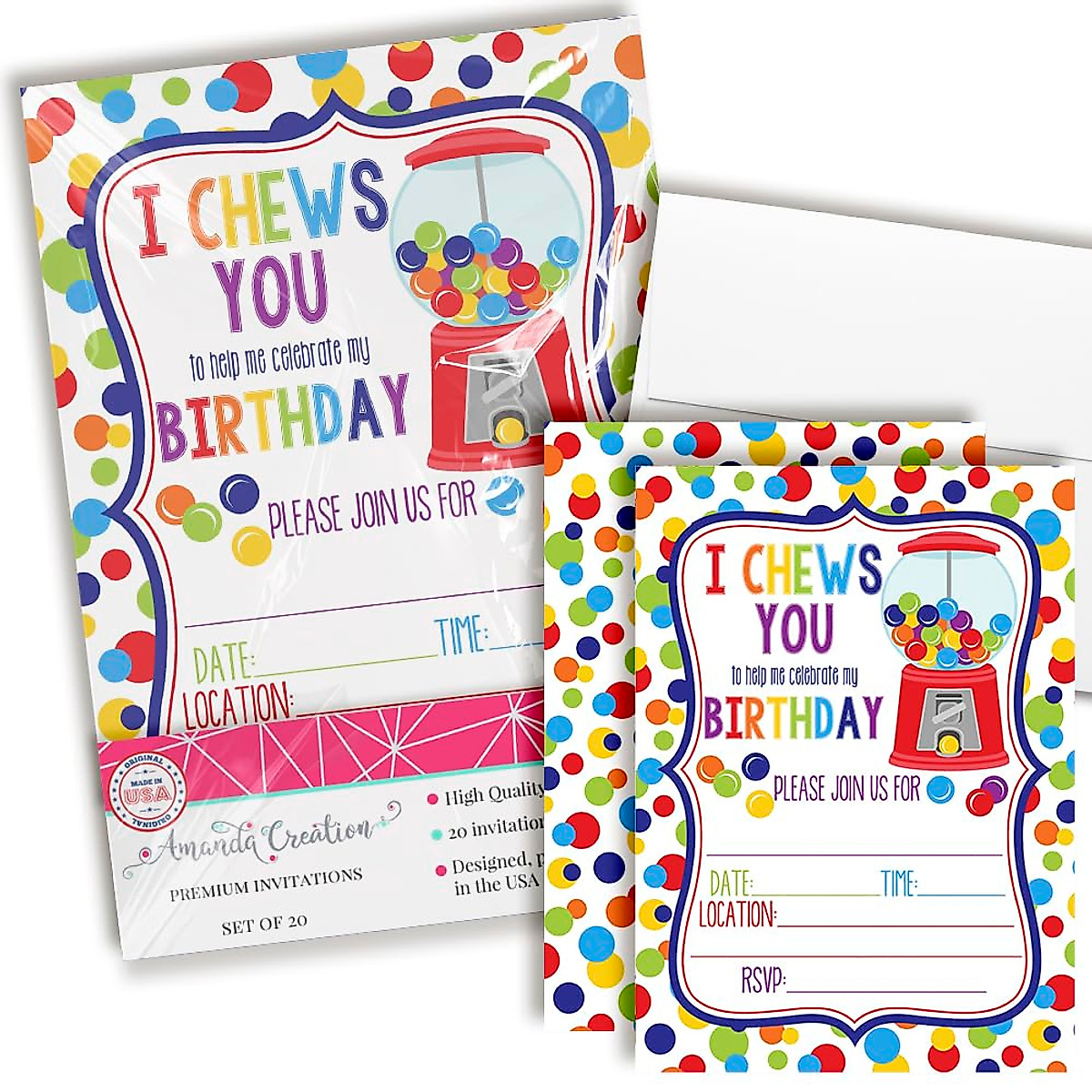 Cute Rainbow Colored Bubble Gum Themed Birthday Party Invitations for Kids, 20 5x7 Fill In Cards with Twenty White Envelopes by AmandaCreation…