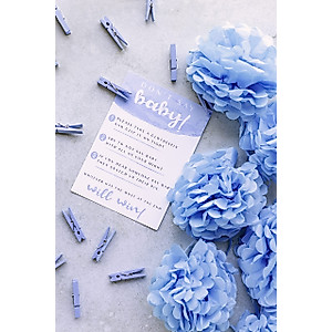 Don't Say Baby Game for Boy with Blue Natural Wooden Clothespins for Baby Shower Pins Game and Cute 5 x 7 Sign - 30 People - by Shower Games & Co.