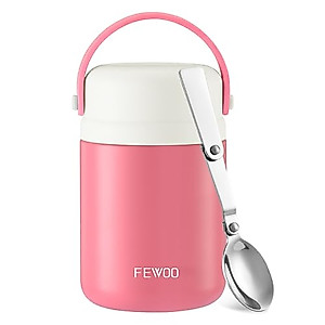FEWOO Food Jar, 20oz Insulated Lunch Soup Container for Hot Cold Food for Kids Adults, Leak Proof Vacuum Stainless Steel Lunch Box with Folding Spoon for School Travel Outdoors (Pink)