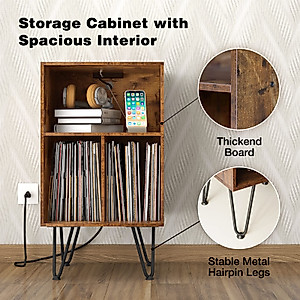 Record Player Stand with Vinyl Storage Turntalbe Stand with Charging Station and USB Ports Size W18 xD17 xH34 Record Player Table Shelf Holder with Power Outlet Holds 150 Albums Brown