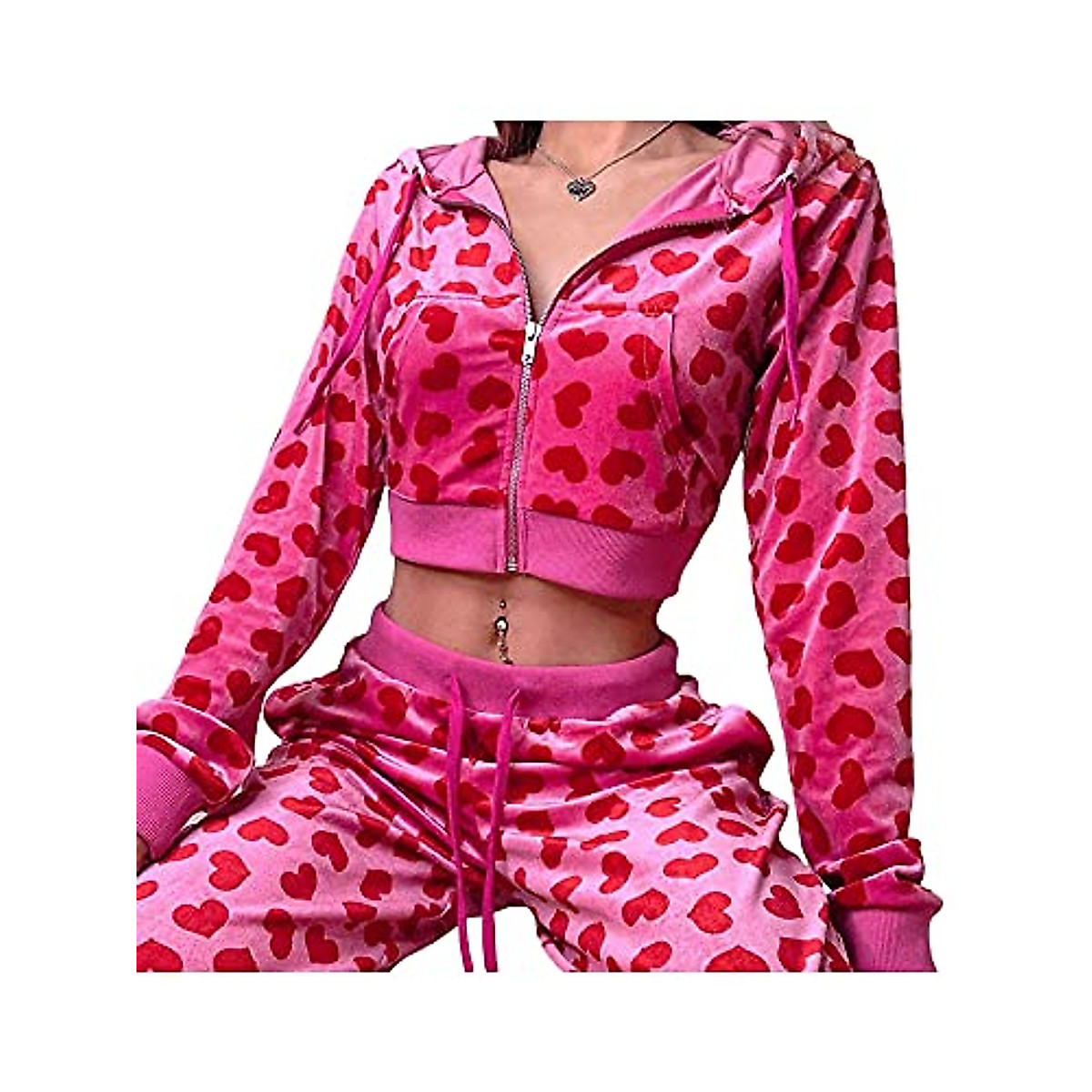 Kaenwang Women 's Heart Print Full Zip Velour Hoodie, Y2K Long Sleeve Crop Sweatshirt Cute Jogging Jacket (Red-top, Small)