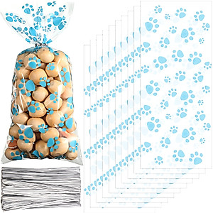 200 Pieces Pet Paw Print Cellophane Bags Dog Party Favor Bags Heat Sealable Treat Bags Dog Paw Gift Bags Cat Candy Bags with 200 Pieces Silver Twist Ties for Pet Treat Party Favor (Blue)