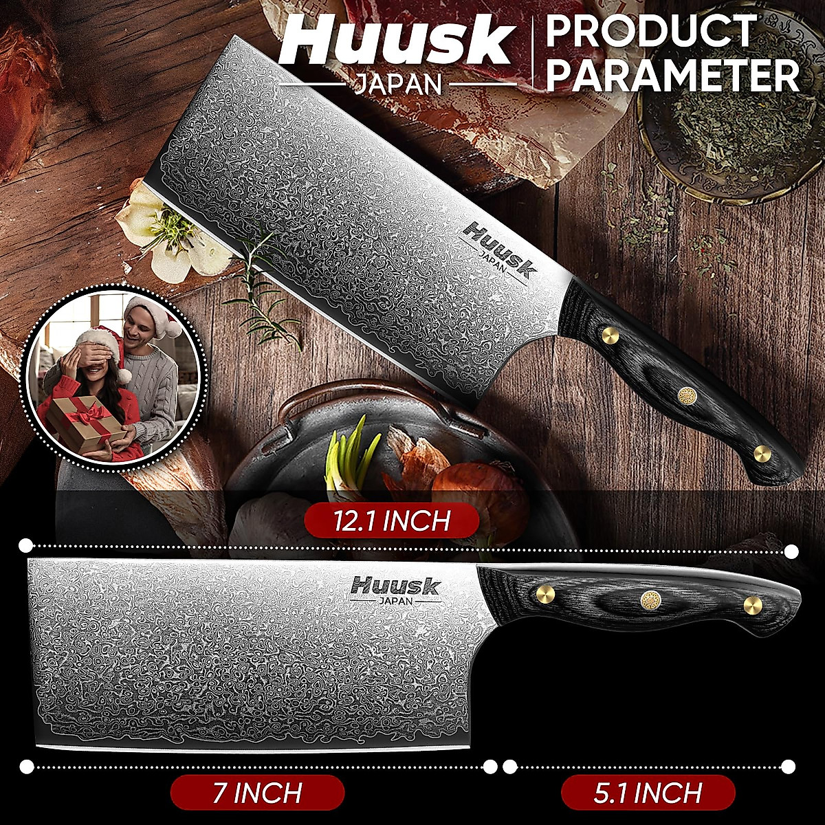 Huusk Damascus Cleaver Knife 7 inch, VG10 Butcher Knife for Meat Cutting, Kitchen Knife with Wood Handle for Chopper Vegetables Hand Forged Chooping Knife, Birthday Dad Mom Gift