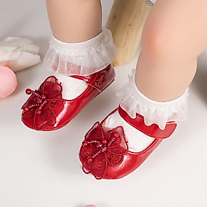 Oamico Infant Baby Girls Mary Jane Flats Non Slip Rubber Sole with Bownot Toddler First Walkers Princess Wedding Dress Shoes