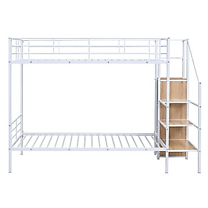 Harper & Bright Designs Twin Over Twin Bunk Beds with Storage Stairs & Wardrobe, Heavy Duty Metal Bunk Bed Frame with Guardrail for Kids, Teens, Adults, No Box Spring Needed, White