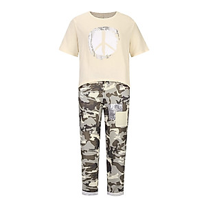 Buy Again 2 Piece Outfits for Women Cotton Linen Sets Plus Size Casual Loose Fit Tops Drawstring Camo Pants Tracksuit Set