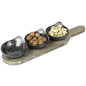 MyGift Rustic Brown Solid Wood Serving Tray and Ceramic Condiment Bowl Set Includes Speckled Black Dipping Sauce Bowls for Dips, Sauces, Toppings and Appetizers
