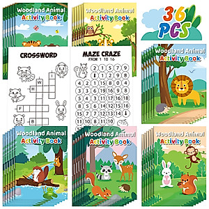 36 Pcs Mini Activity Books for Kids Party Favors Woodland Animals DIY Game Books Set with Coloring, Mazes, Word Scramble, Find Difference and More for Goodie Bag Gift Stuffer Classroom Activity