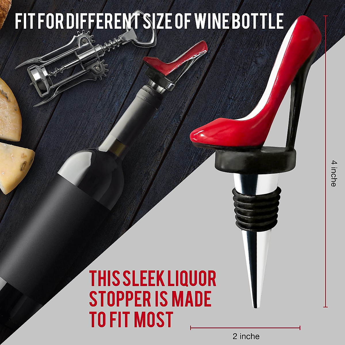 Trovety High Heel Wine Stopper Custom - Cute Red Shoe Elegant High Heels Cork for Women, Bachelorette Party Decor - Decorative Stainless Steel Beverage Topper - Reusable Champagne Bottle Plugs