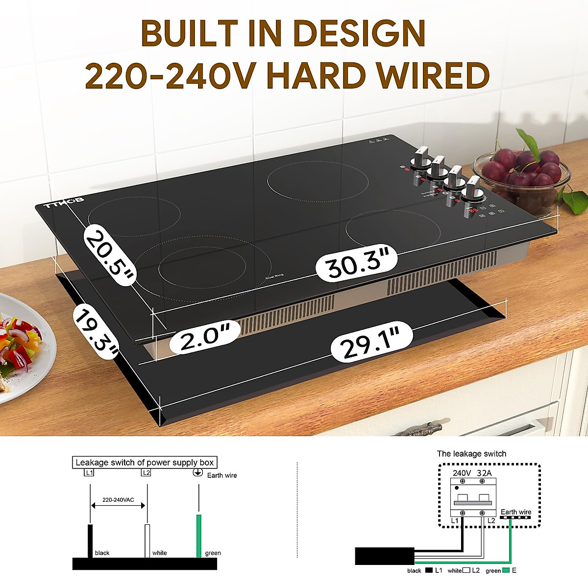 TTHOB Electric Cooktop 30 Inch, 4 Burners Electric Stove Top 220-240V 6600W Built-in Radiant Expand Outer Heating Rings, Timer, Child Lock, Residual Heat Indicator, Knob Control, Hard Wired, No Plug