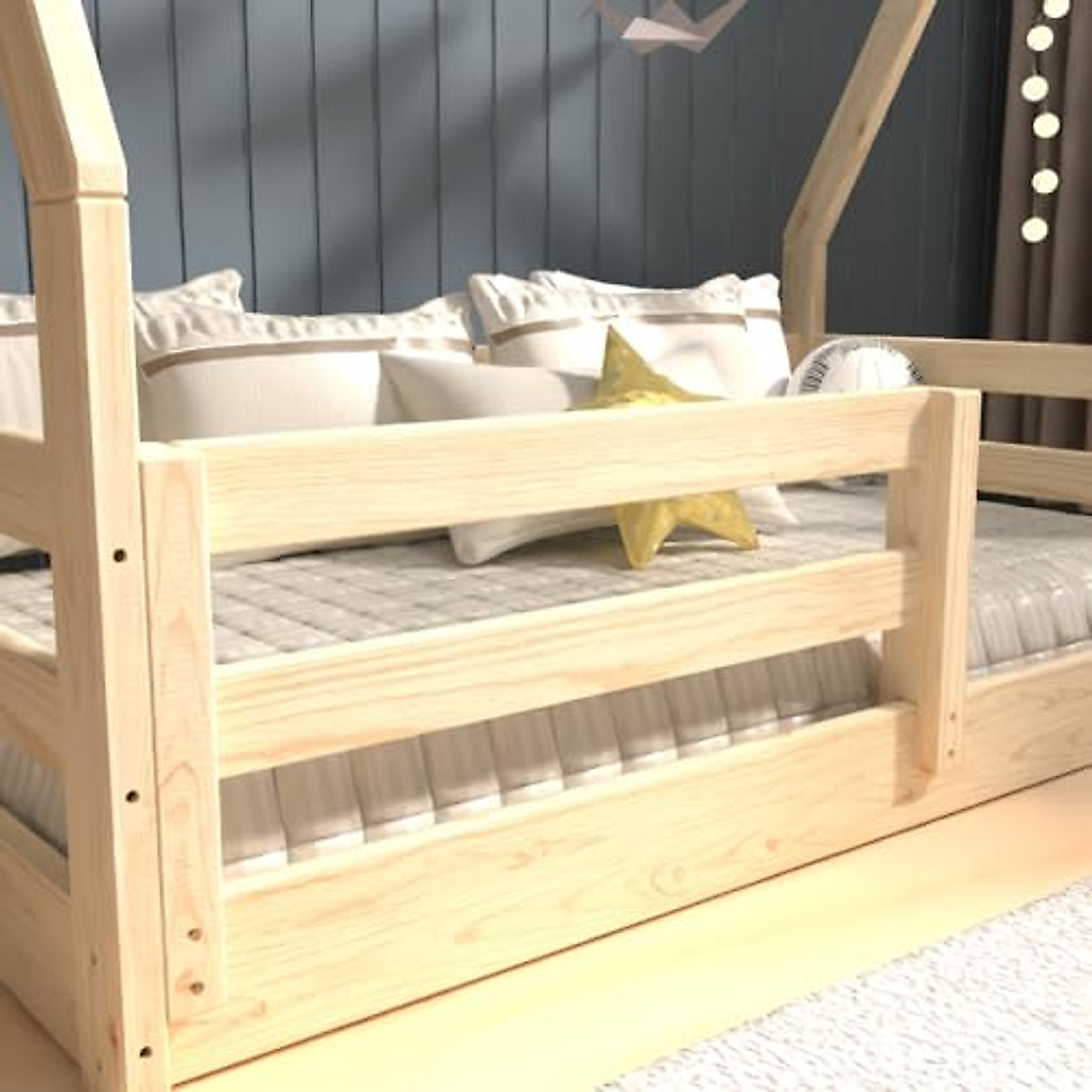 From the Tree Furniture Toddler Size Floor Bed for Girls and Boys, Solid Wood House Roof Bed, Montessori Low Floor Bed with Fence and Slat Support (Natural)