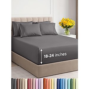Extra Deep Cal King Sheet Set - 6 Piece Breathable & Cooling Sheets - Hotel Luxury Bedding Set with 18-24 Inch Extra Deep Pockets - Easy Fit - Super Soft, Wrinkle Free and Comfy - Grey, Cal King Size