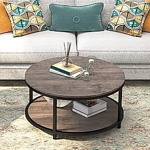 WiberWi Round Coffee Table 35.8" Rustic Vintage Industrial Design Furniture Sturdy Metal Frame Legs Sofa Table Cocktail Table with Storage Open Shelf for Living Room, Easy Assembly, Gray Brown1